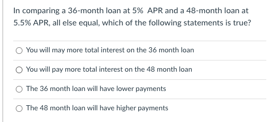 Solved In comparing a 36-month loan at 5% APR and a 48-month | Chegg.com