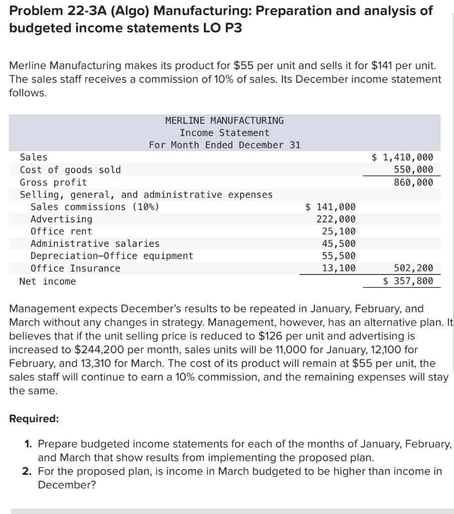 Solved Problem 22-3A (Algo) Manufacturing: Preparation and | Chegg.com