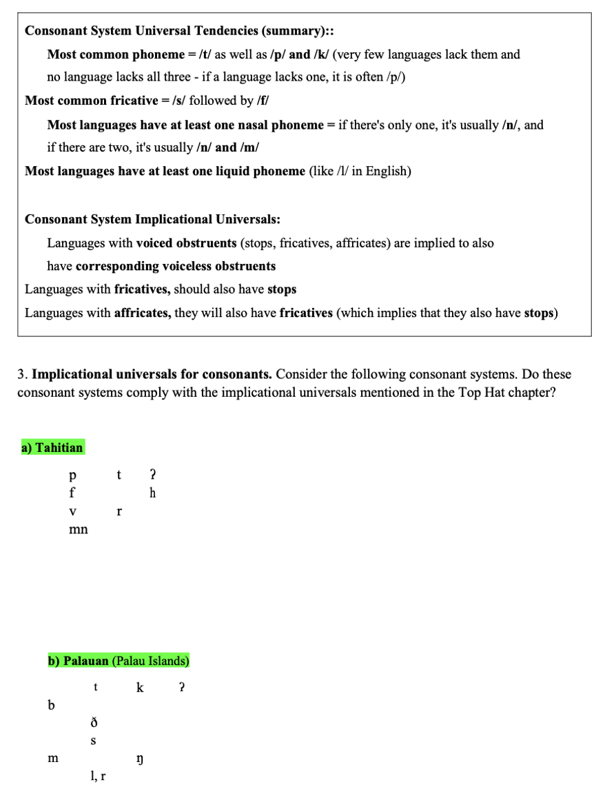 Consonant System Universal Tendencies (summary)::Most | Chegg.com