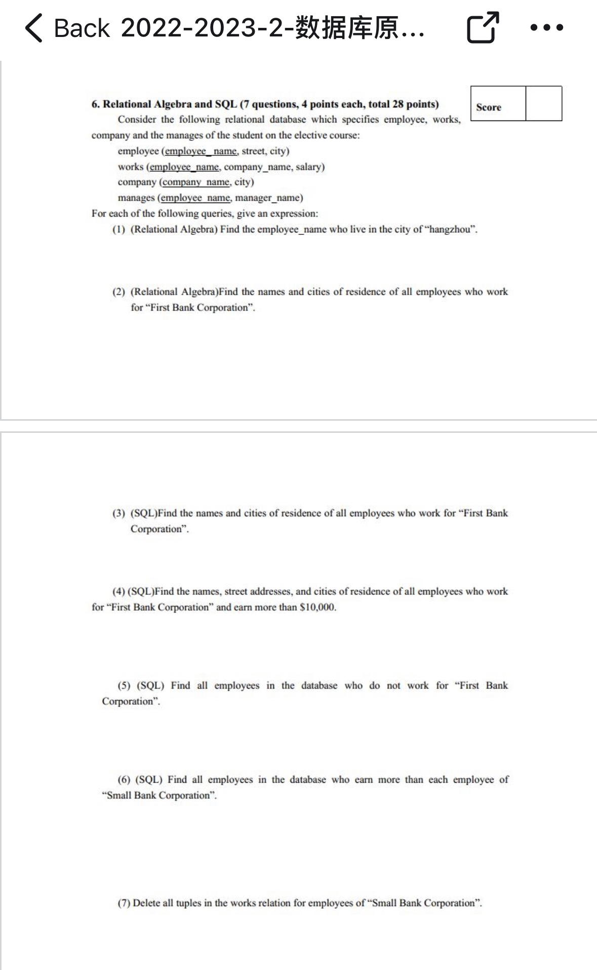 Solved 6. Relational Algebra and SQL (7 questions, 4 points | Chegg.com
