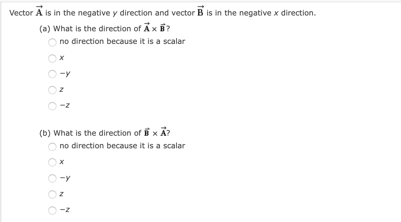 Solved Vector A is in the negative y direction and vector B | Chegg.com