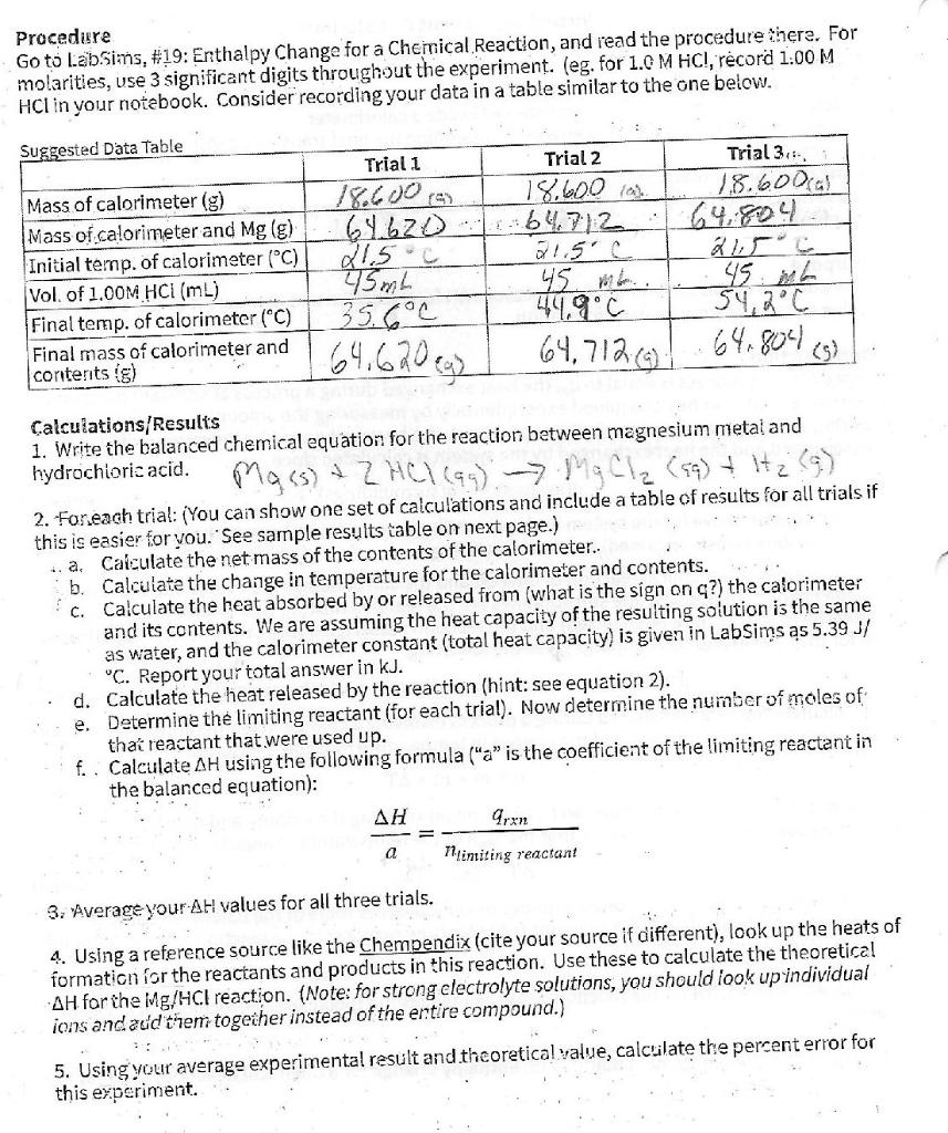 Solved Procedure Go to Lab Sins, #19: Enthalpy Change for a | Chegg.com