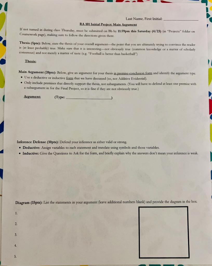 Last Name, First Initial: RA 101 Initial Project: | Chegg.com