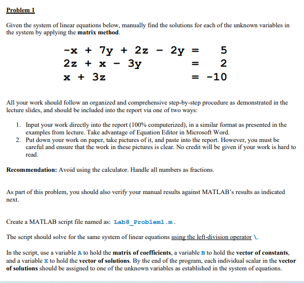 Solved Problem 1 Given the system of linear equations below, | Chegg.com
