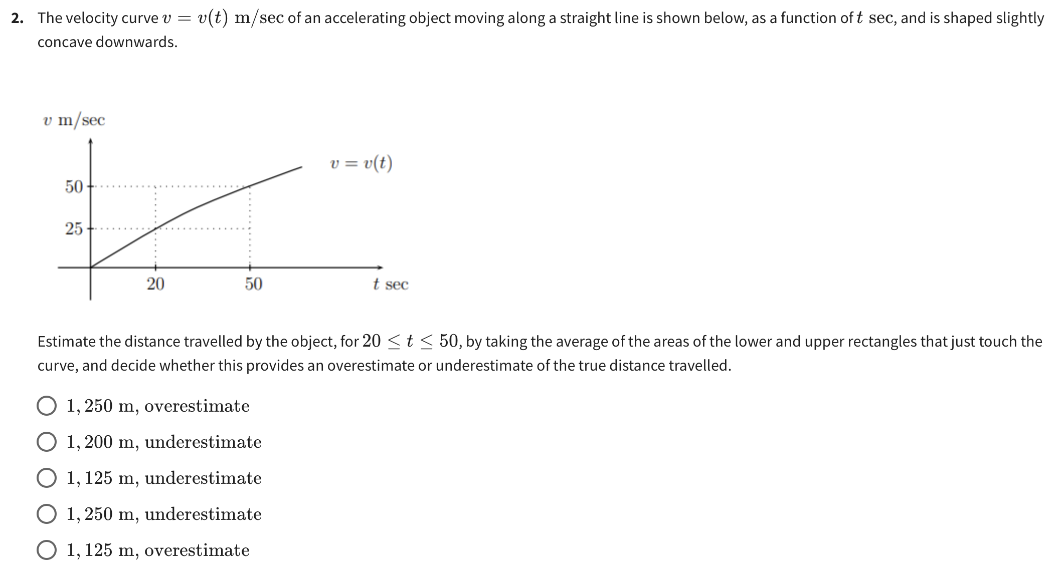 Solved The velocity curve v=v(t)m/sec of an accelerating | Chegg.com