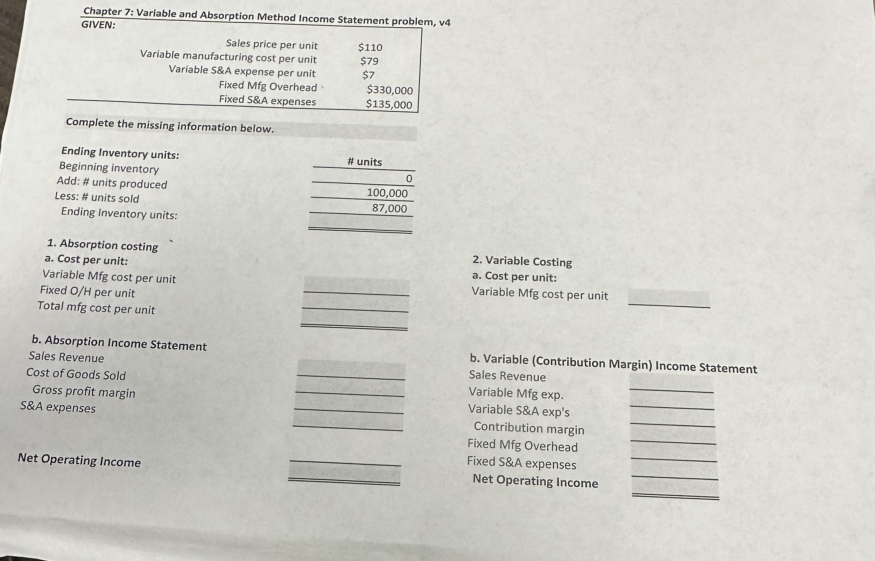 Solved Chapter 7: Variable and Absorption Method Income | Chegg.com