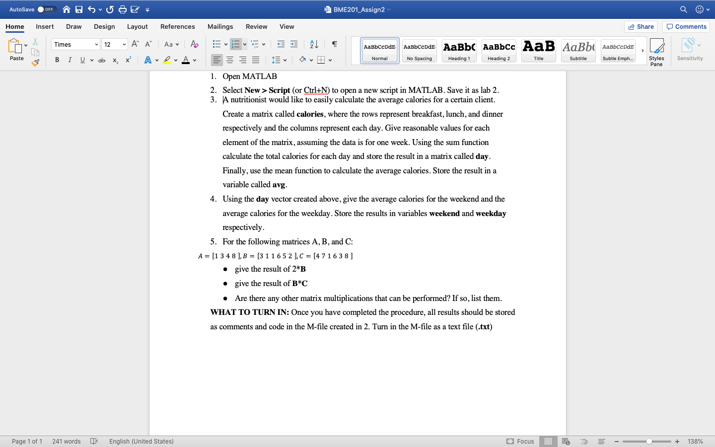 Solved AutoSave OFF MAS S E W BME201_Assign2 Home Insert | Chegg.com