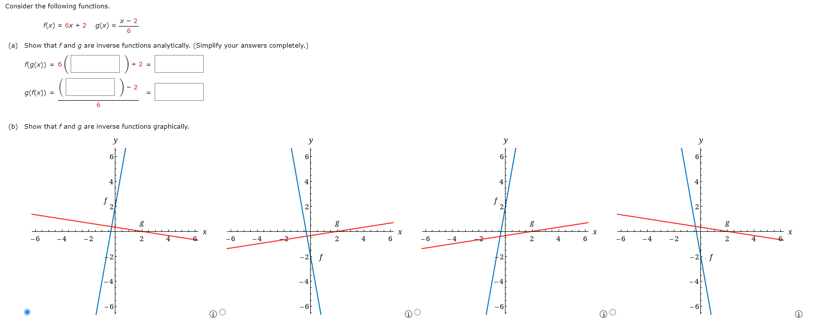 Solved Consider the following functions. f(x)=6x+2g(x)=6x−2 | Chegg.com