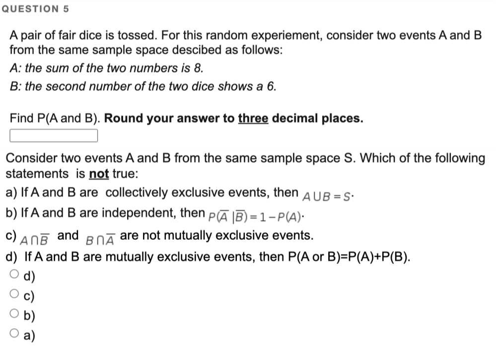 Solved A pair of fair dice is tossed. For this random | Chegg.com
