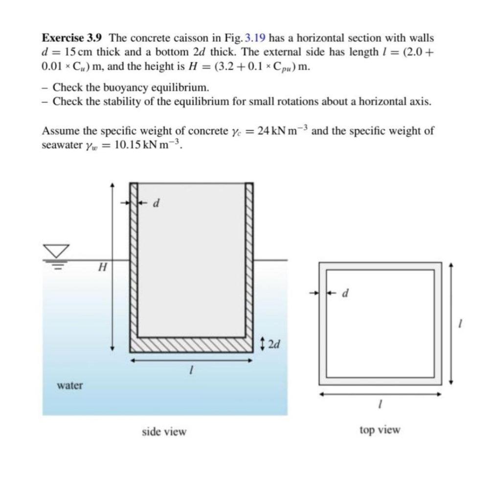 Solved Exercise 3.9 The concrete caisson in Fig. 3.19 has a | Chegg.com