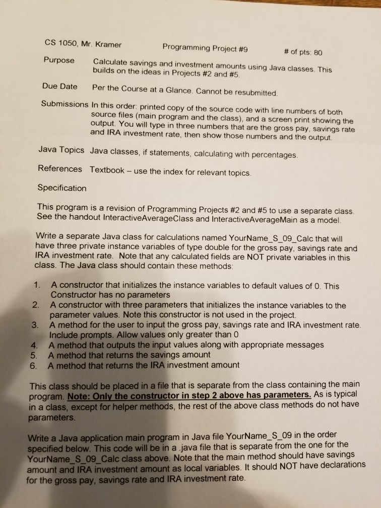 Solved CS 1050, Mr. Kramer Programming Project #9 #ofpts: 80 | Chegg.com