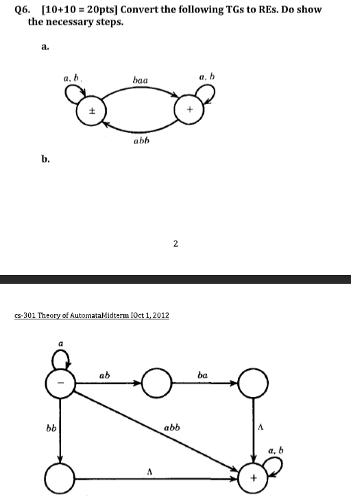 Q6. [10+10=20pts] Convert the following TGs to REs. | Chegg.com
