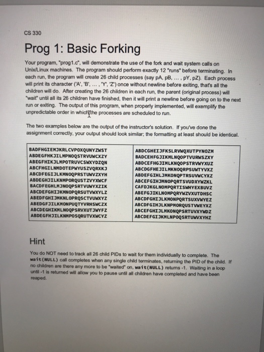 Solved CS 330 Prog 1: Basic Forking Your program, "prog1.c, | Chegg.com