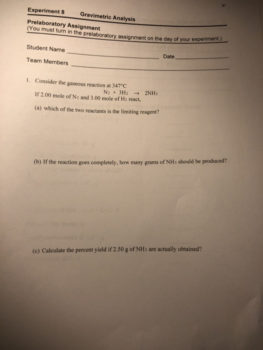 Solved Experiment 8 Gravimetric Analysis Prelaboratory | Chegg.com