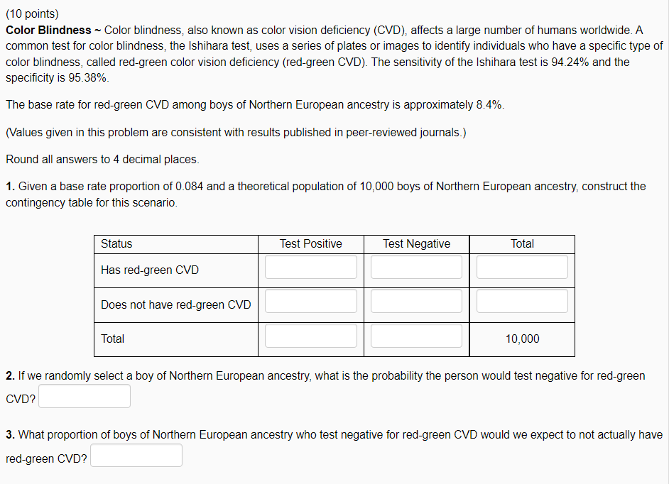 Solved (10 points) Color Blindness - Color blindness, also | Chegg.com