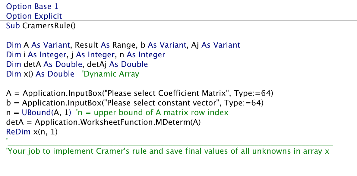 Solved Please write a VBA code to implement Cramer's rule | Chegg.com