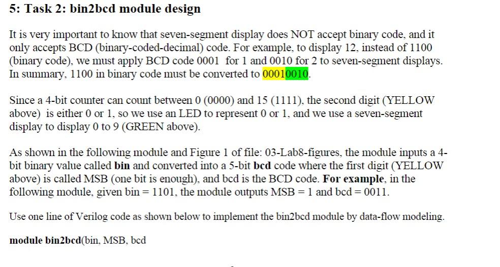 Solved 5: Task 2: bin2bcd module design It is very important | Chegg.com