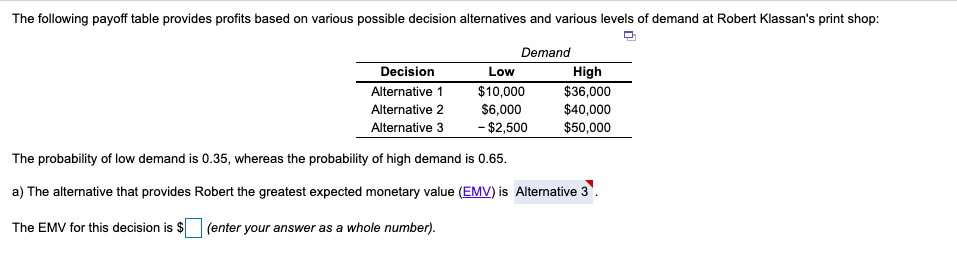 Solved The following payoff table provides profits based on | Chegg.com