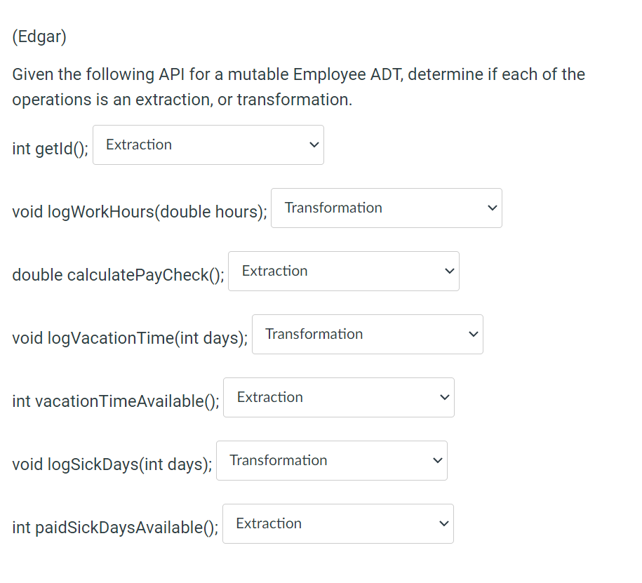 Solved Given The Following Api For A Mutable Employee Adt 