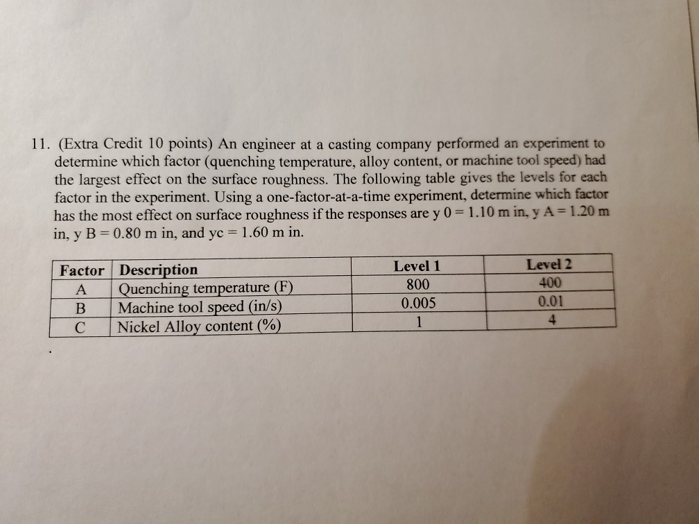 Solved 11. (Extra Credit 10 points) An engineer at a casting | Chegg.com