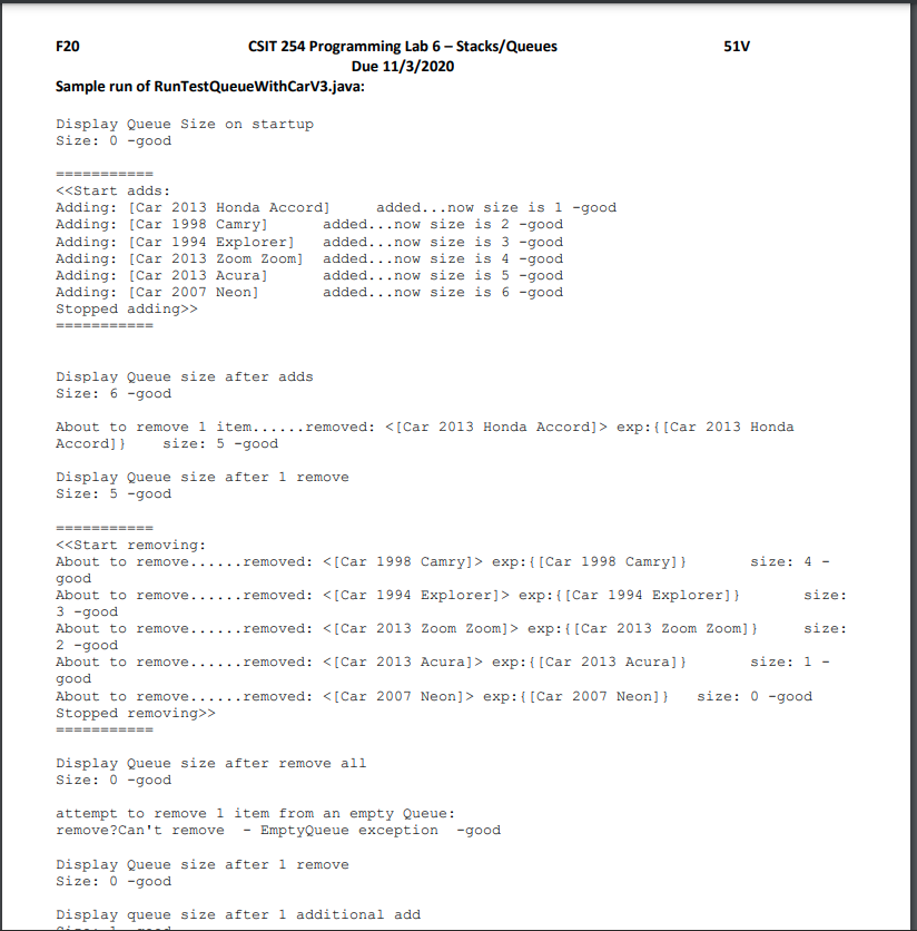 Solved 51V F20 CSIT 254 Programming Lab 6-Stacks/Queues Due | Chegg.com