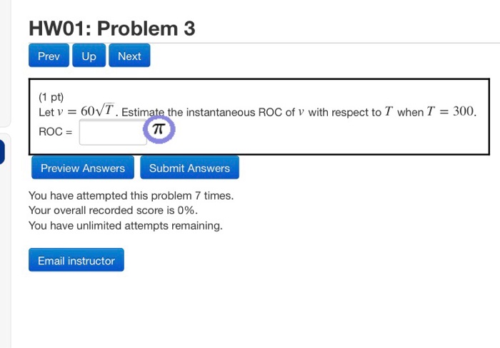 Solved HW01: Problem 3 Prev Up Next (1 pt) Let v = 60VT. | Chegg.com