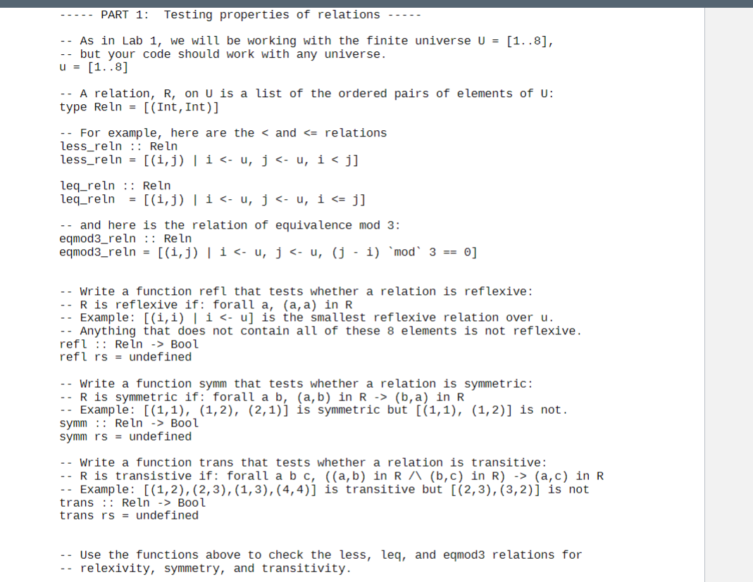 Solved PART 1: Testing properties of relations ----- -- As | Chegg.com