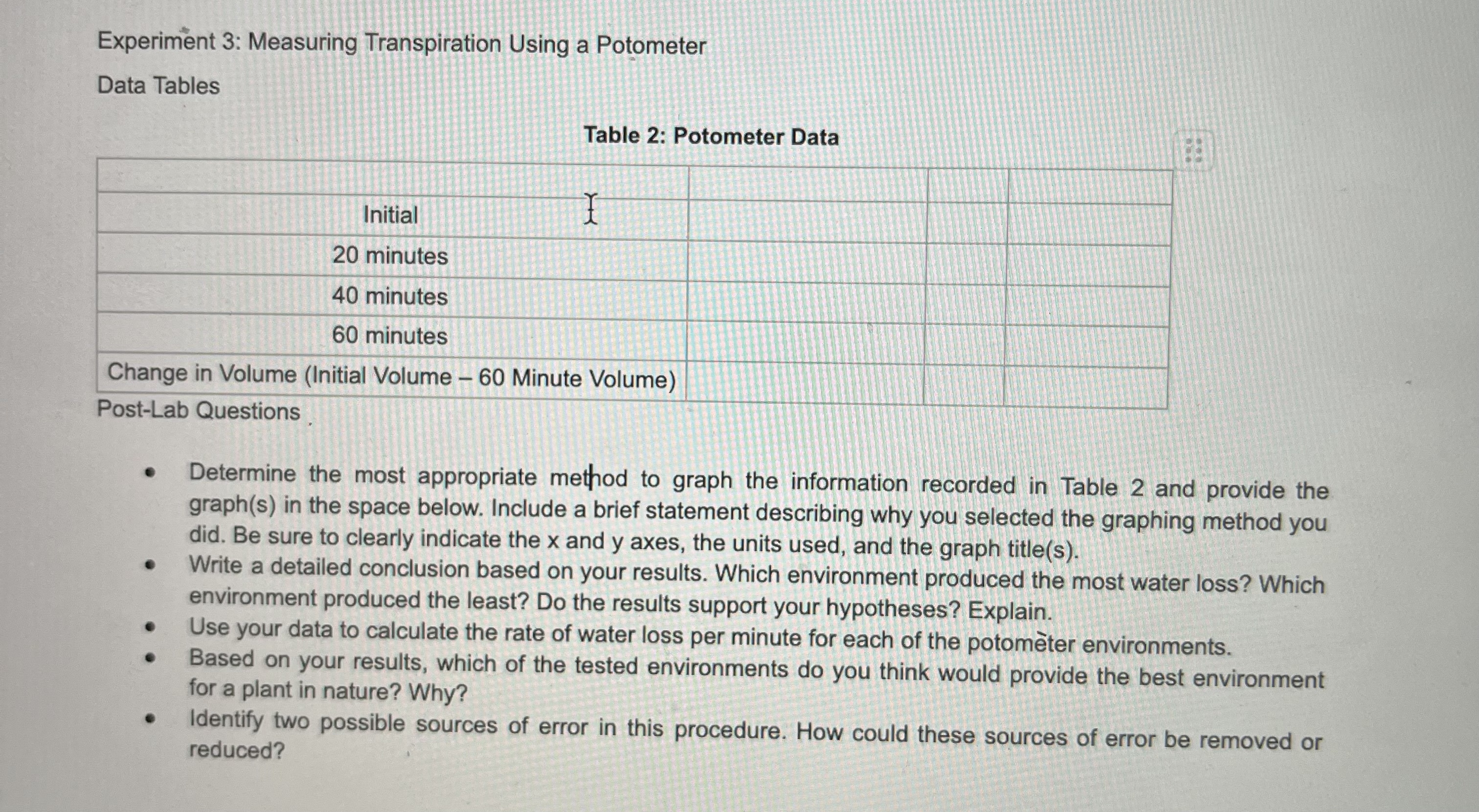Experiment 3: Measuring Transpiration Using a | Chegg.com