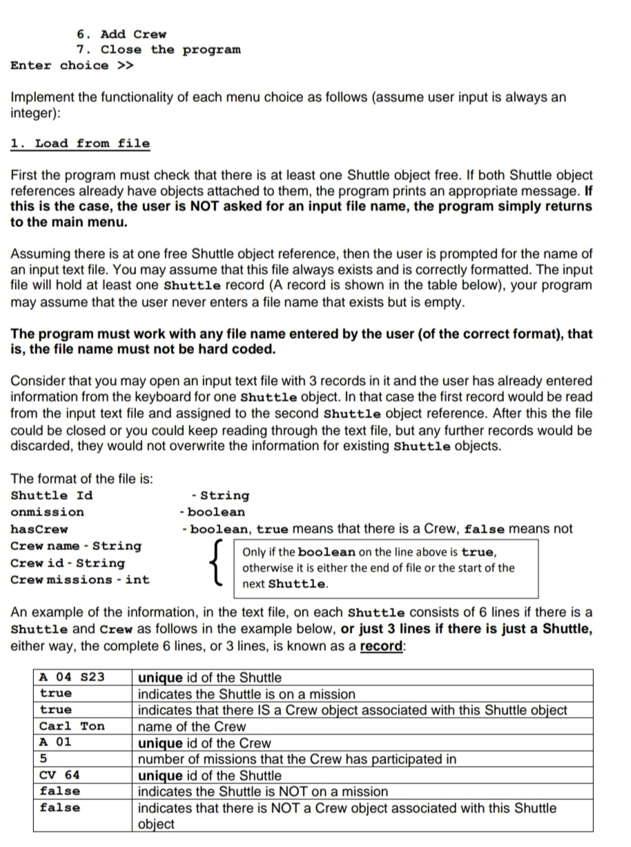 6. Add Crew 7. Close the program Enter choice >> | Chegg.com