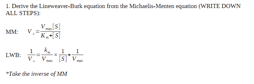 Solved Derive the Lineweaver-Burk equation from the | Chegg.com