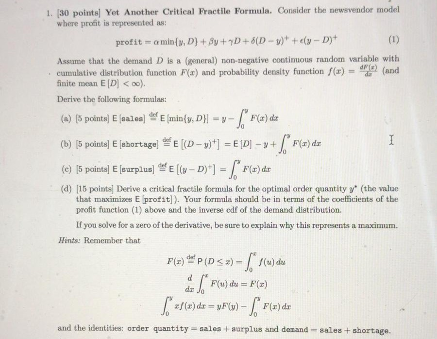 Solved 2. [10 points] Continuous Uniform[0, d] Demand. (a) | Chegg.com