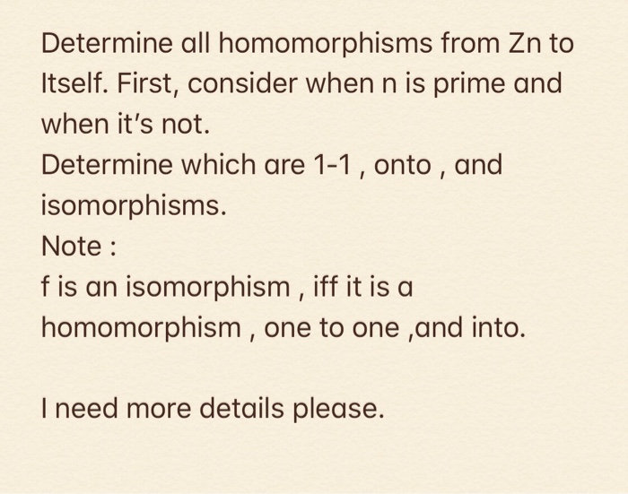 Solved Determine all homomorphisms from Zn to Itself. First, | Chegg.com