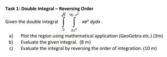 Solved Task 1: Double Integral - Reversing Order Given the | Chegg.com