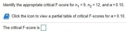 Solved Identify the appropriate critical F-score for ny = 9, | Chegg.com