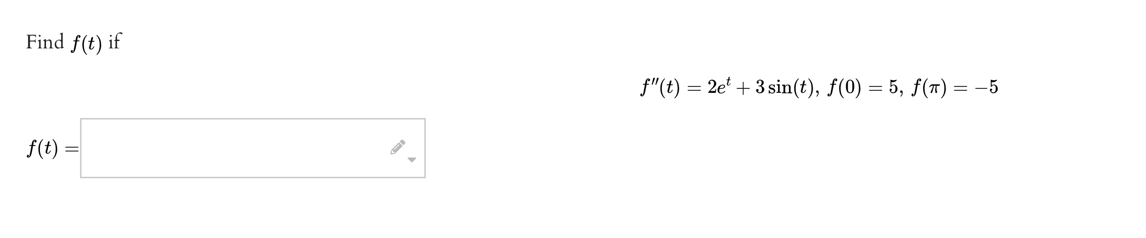 Solved Find f(t) ﻿iff''(t)=2et+3sin(t),f(0)=5,f(π)=-5f(t)= | Chegg.com