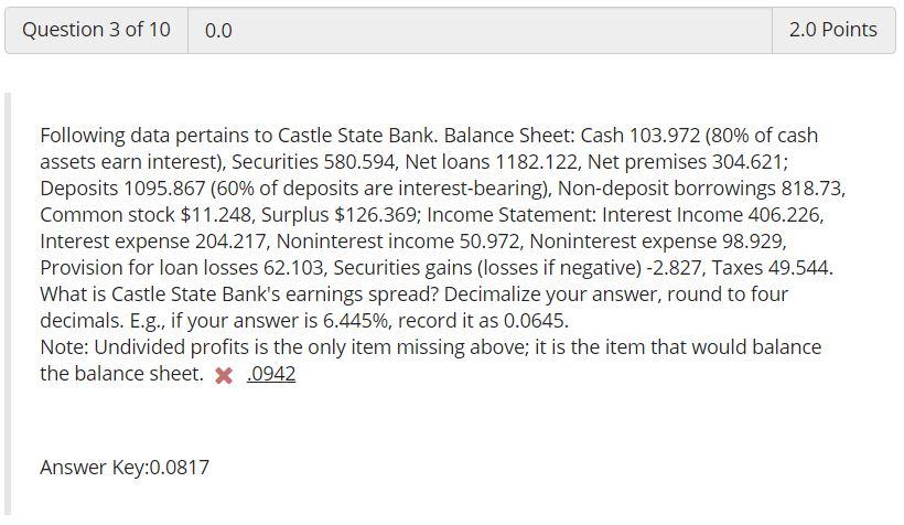 Solved Question 3 of 10 0.0 2.0 Points Following data | Chegg.com