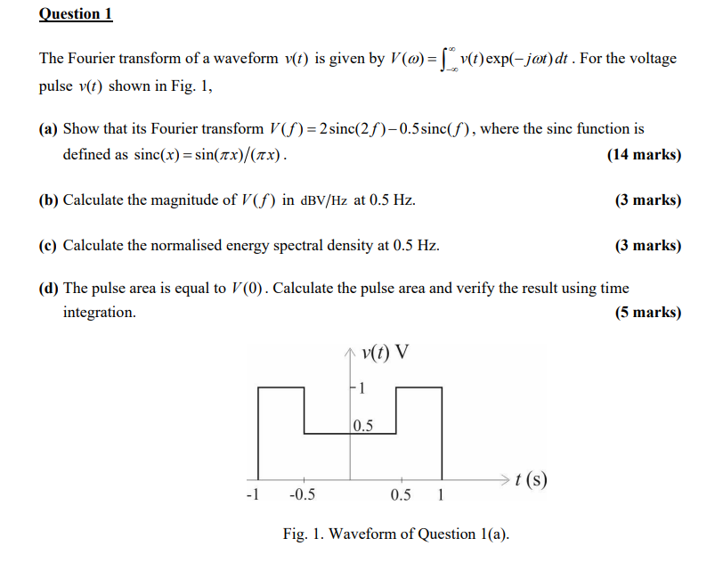 Solved Question 1The Fourier transform of a waveform v(t) | Chegg.com