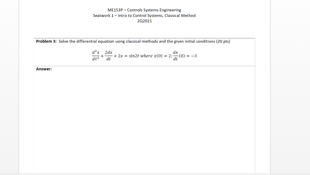 Solved ME153P - Controls Systems Engineering Seatwork 1 - | Chegg.com