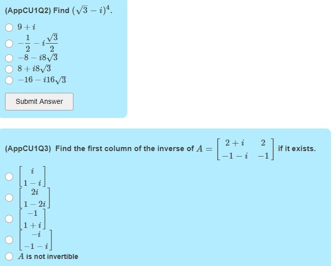 Solved (AppCU1Q2) Find (V3 - 2)4. 9 + i 1 3 i 2. 2 -8-183 | Chegg.com
