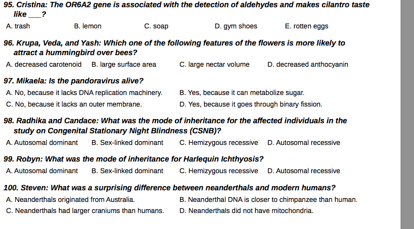Solved 95. Cristina: The OR6A2 gene is associated with the | Chegg.com