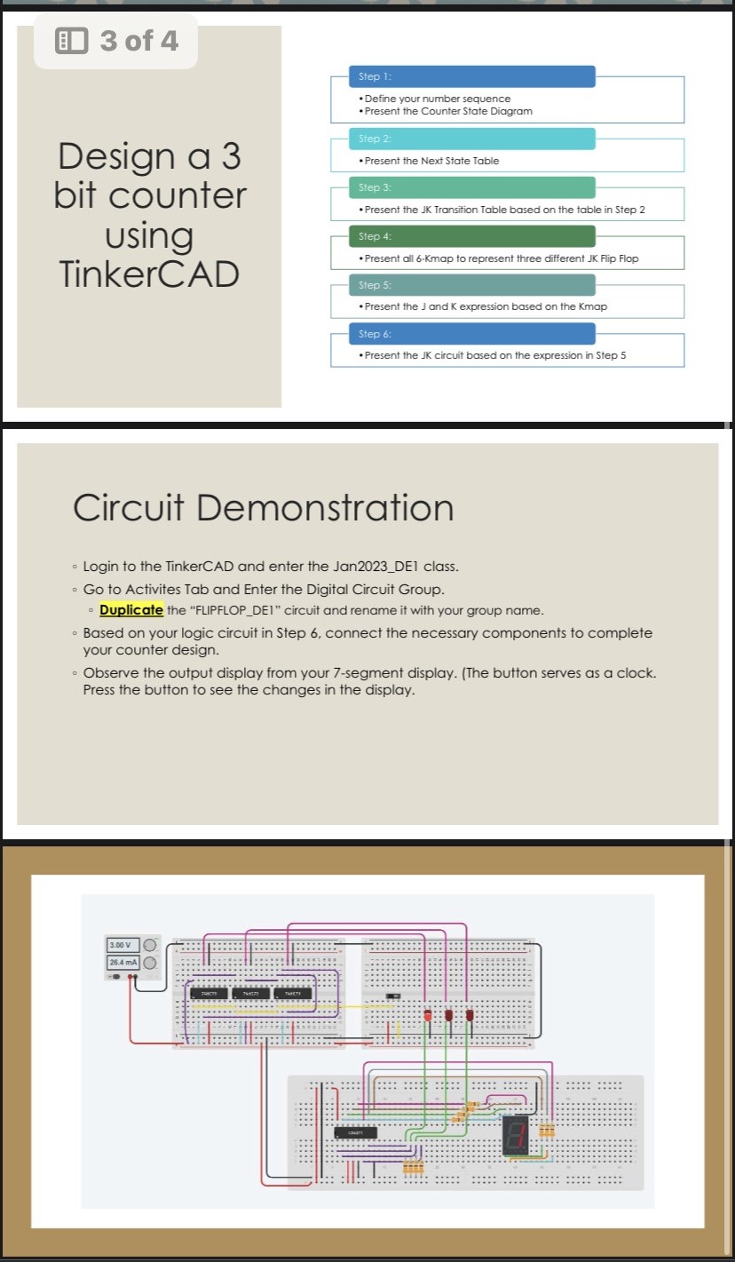 Design a 3 bit counter using TinkerCAD Circuit | Chegg.com