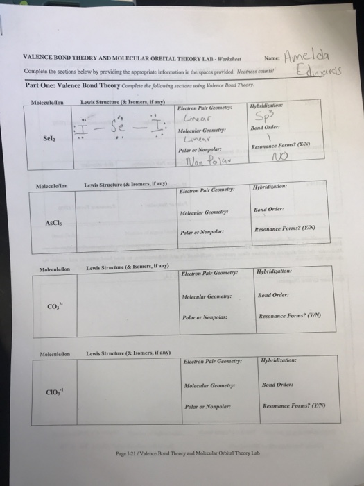 Solved VALENCE BOND THEORY AND MOLECULAR ORBITAL THEORY LAB. | Chegg.com
