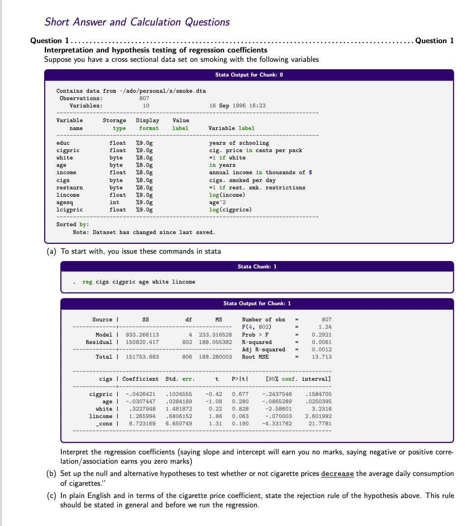 Solved Short Answer and Calculation Questions Question 1 | Chegg.com