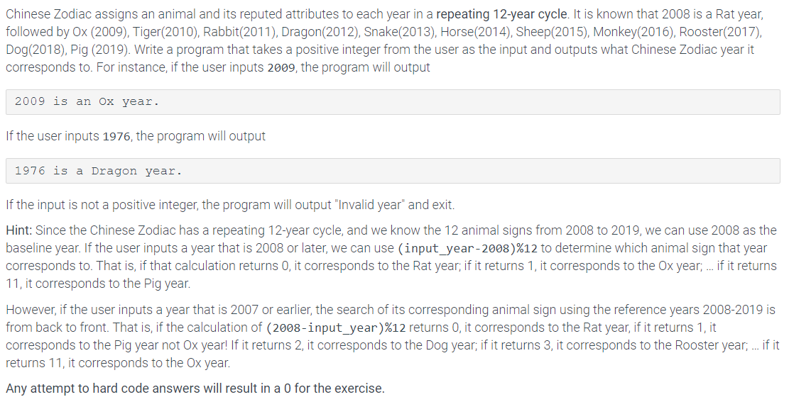 Solved In C++ please! Chinese Zodiac assigns an animal and | Chegg.com