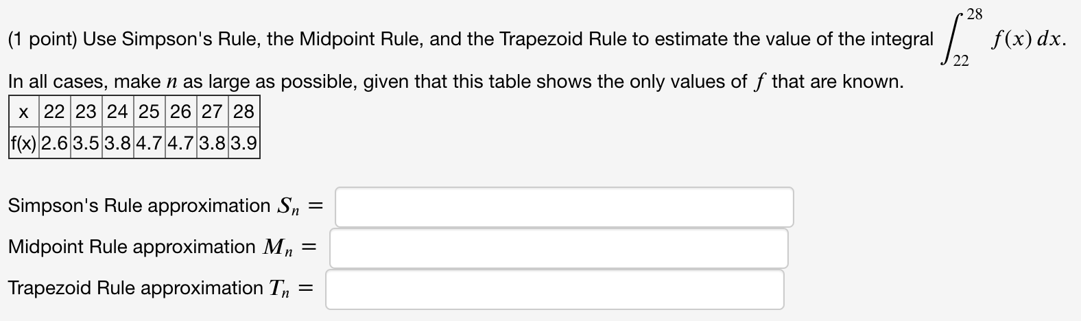 Solved 28 (1 point) Use Simpson's Rule, the Midpoint Rule, | Chegg.com