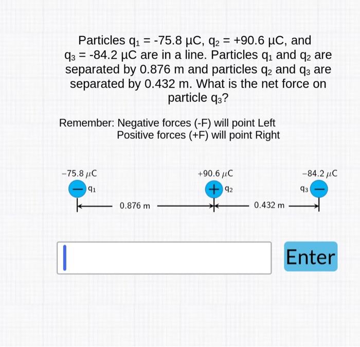 Solved Particles q1=−75.8μC,q2=+90.6μC, and q3=−84.2μC are | Chegg.com