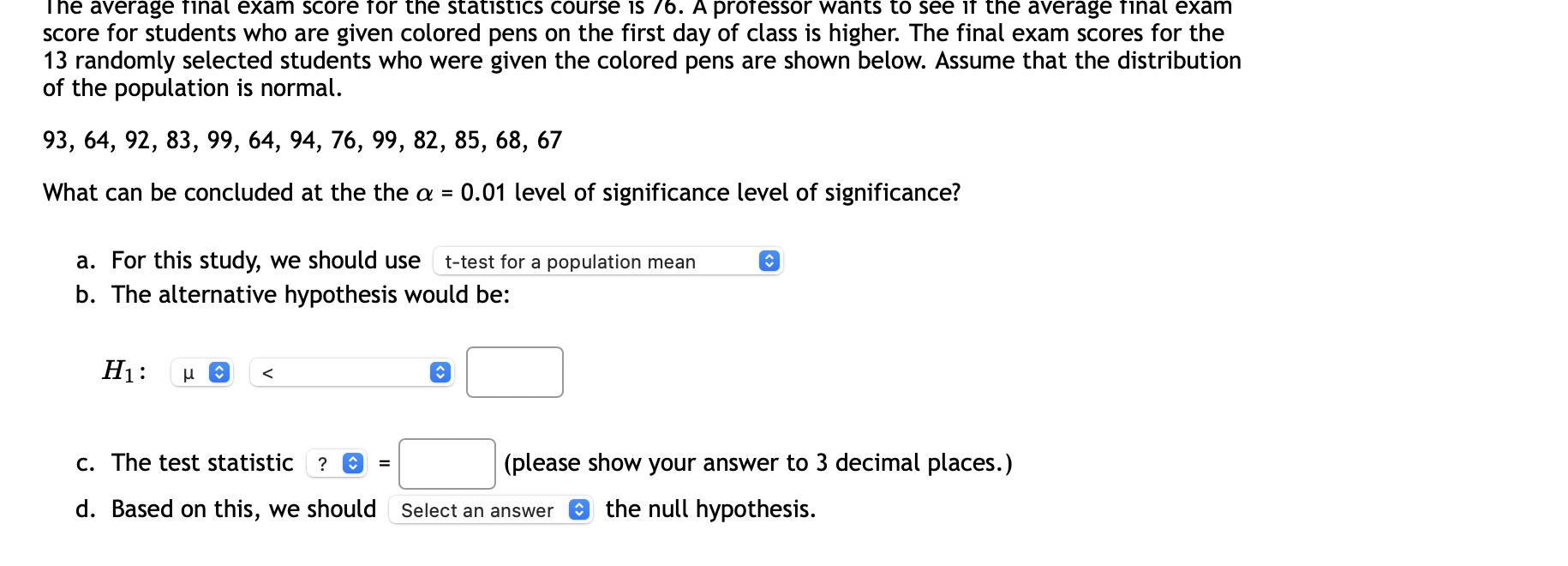 Solved The average final exam score for the statistics | Chegg.com