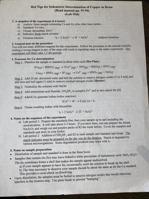 91 Rap VIIL IODOMETRIC DETERMINATION OF COPPER IN | Chegg.com