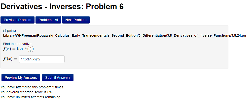 Solved Derivatives - Inverses: Problem 7 Previous Problem | Chegg.com