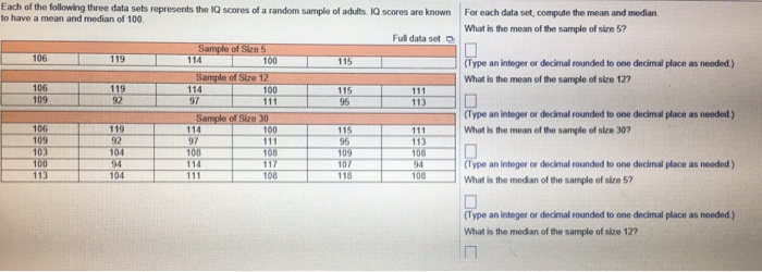 Solved Each of the following three data sets represents the | Chegg.com